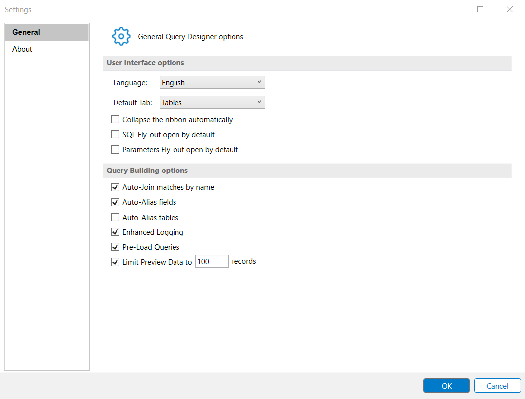 Query Designer Settings – Spreadsheet Server