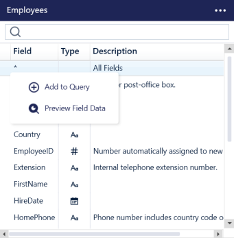 Table Field Menu – Spreadsheet Server