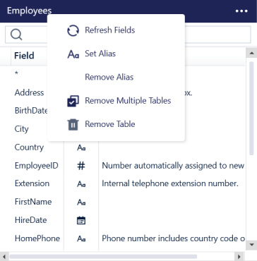Table Menu – Spreadsheet Server