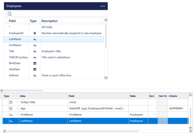 Fields Used Directly from Source Table – Spreadsheet Server